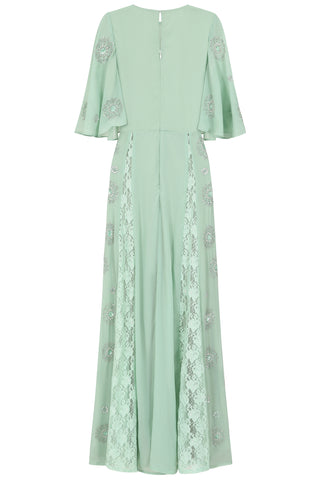 Fern Light Green Embellished Maxi Dress with Lace Panels – Frock and Frill