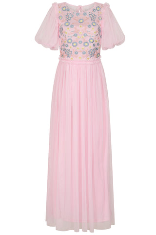 Laraline Blush Puff Sleeve Maxi Dress with Floral Embroidery – Frock ...