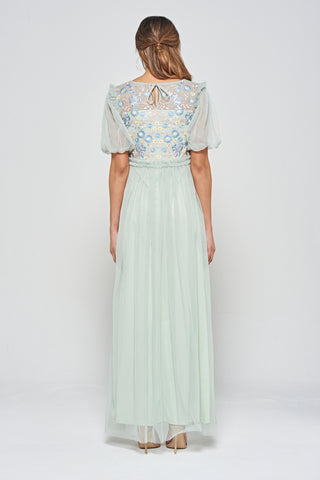 Laraline Green Puff Sleeve Maxi Dress with Floral Embroidery – Frock ...