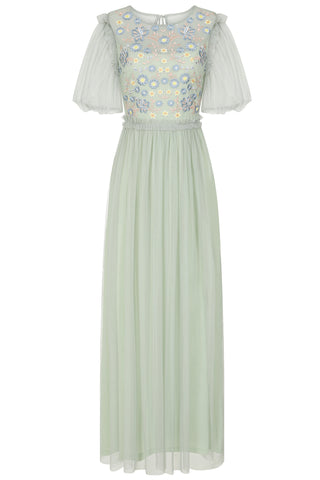 Laraline Green Puff Sleeve Maxi Dress with Floral Embroidery – Frock ...