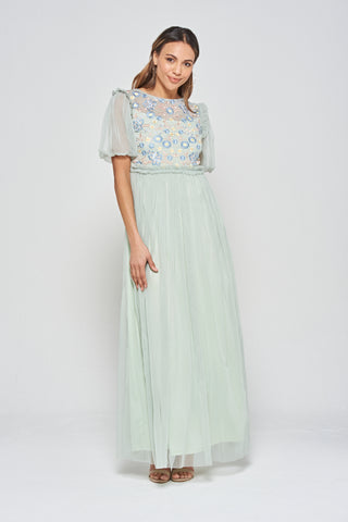 Laraline Green Puff Sleeve Maxi Dress with Floral Embroidery – Frock ...