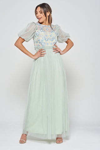 Laraline Green Puff Sleeve Maxi Dress with Floral Embroidery – Frock ...
