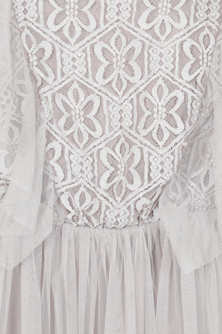 Lark Grey Ruffle and Lace Pussybow Midi Dress – Frock and Frill